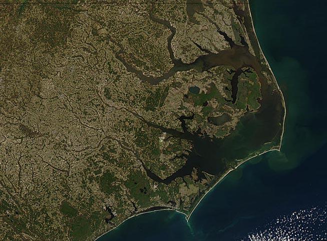Map/satellite image of the NC coast/barrier islands | NCpedia