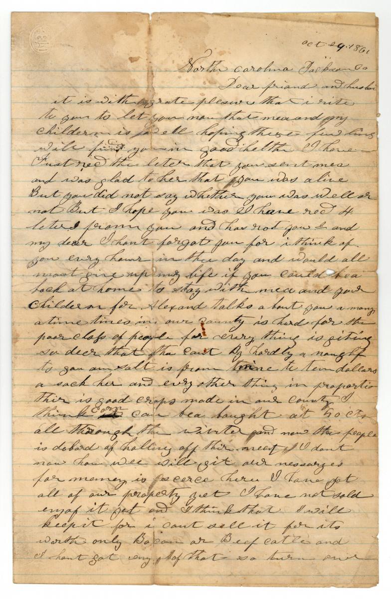Elizabeth Watson to James Watson Oct 29 1861 (page 1 of 3) | NCpedia