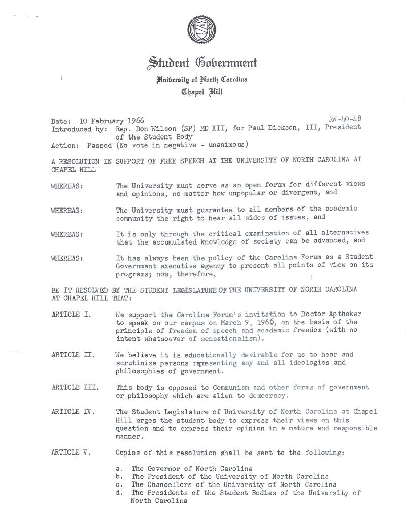 Resolution in Support of Free Speech from Student Government, Page 1 ...