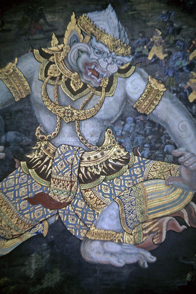 Monkey god Hanuman in giant form kneeling (Thai Ramayana mural) | NCpedia