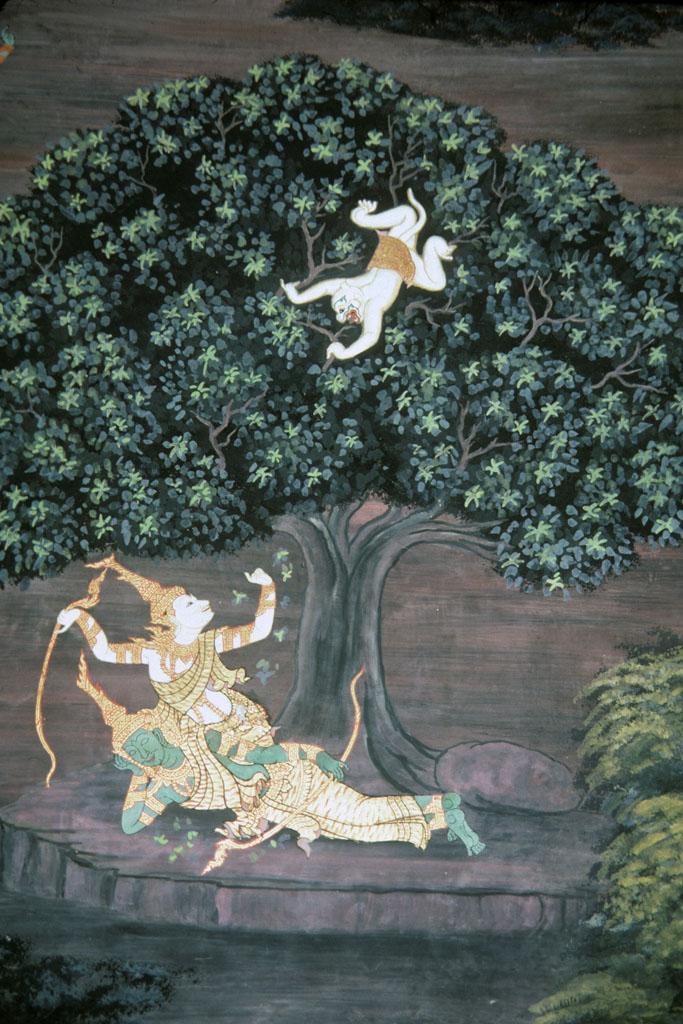 Monkey god Hanuman in tree approaches Rama and Laksman (Thai Ramayana ...