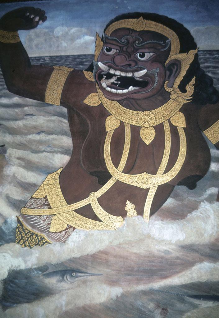 Tiny Hanuman enters mouth of demon guard standing in waves (Thai ...