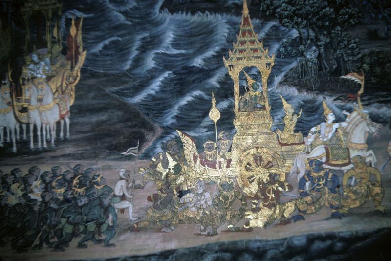 Rama's chariot and army cross bridge to demon island (Thai Ramayana ...