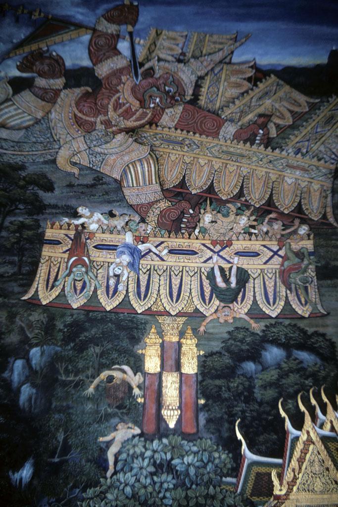 Sugriva attacks demons hiding in giant gilt umbrella (Thai Ramayana ...