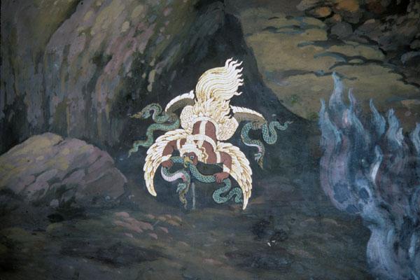 Garuda king attacks three serpents (Thai Ramayana mural) | NCpedia