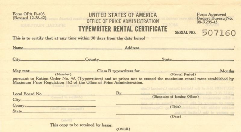 Typewriter rental certificate | NCpedia